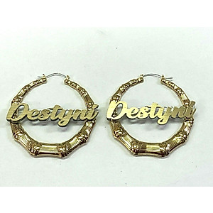 Stylish Bamboo Earrings Personalized Custom Gold 1.5, 2.5, 3.5" Size and Background Color Choice Hoop Name Plate Laser Cut Made To Order - Any Name Script Cursive Letters Stunning, Quality, Attractive (3.5" Bamboo Earrings)