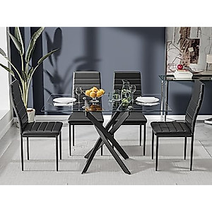 NIERN Glass Dining Table Set for 4, Modern 5-Piece Rectangular Kitchen Table Set with 4 upholstered high-Back Chairs for Kitchen Dining Room (Black Table with Black Chair)