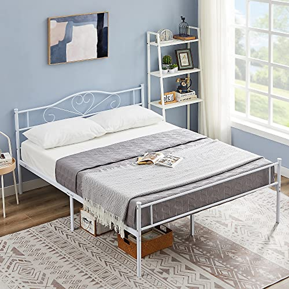 VECELO 14 Inch Queen Size Metal Platform Bed Frame with Headboard and Footboard, Heavy Duty Mattress Foundation with Steel Slats Support, No Box Spring Needed, White