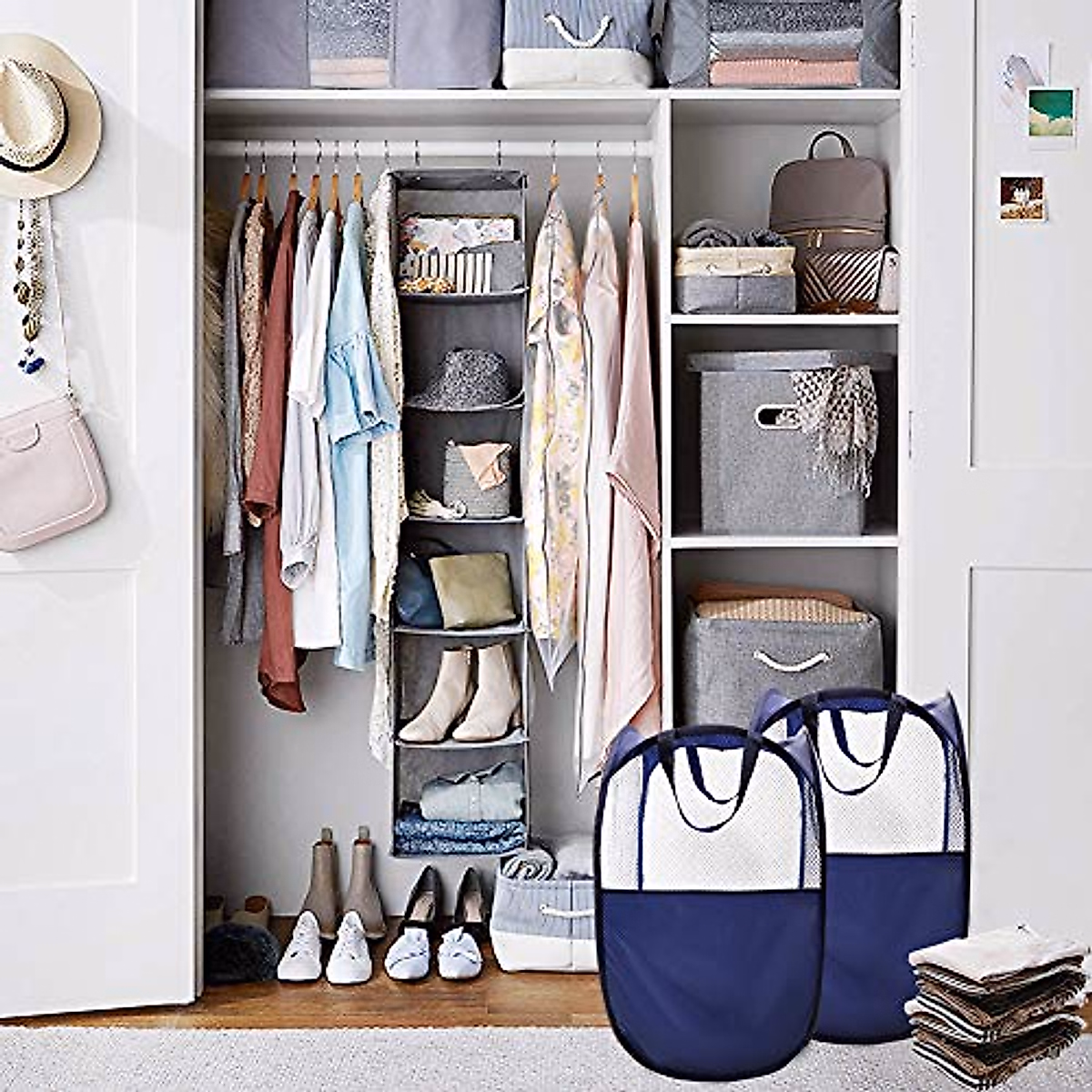 SPINFOX Pop Up Collapsible Laundry Baskets, 2 Pack Foldable Mesh Popup Laundry Hamper with Reinforced Carry Handles, Mesh Laundry Basket for Kids Room College Dorm or Travel(Blue)