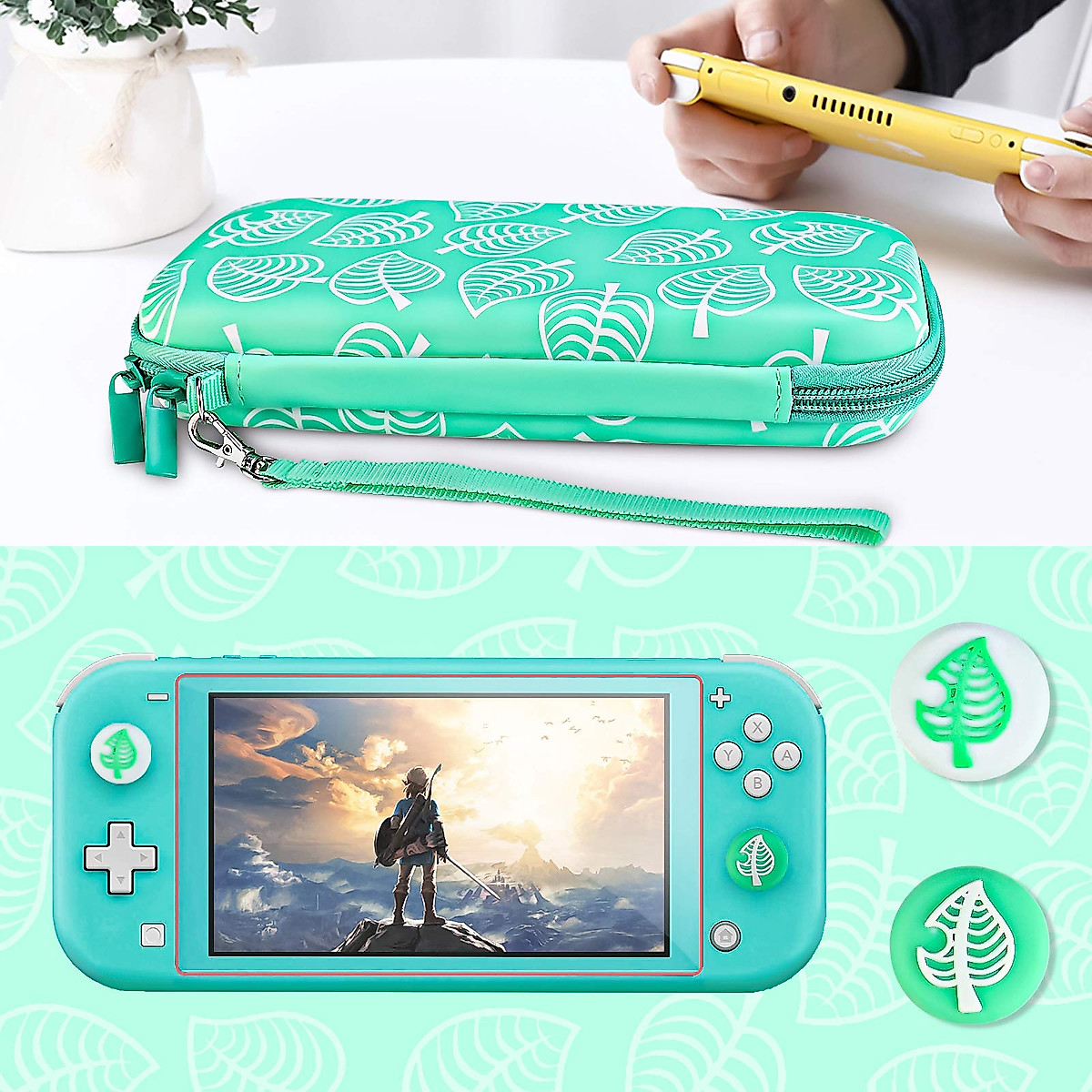 DLseego Carrying Case for Switch lite,New Leaf Crossing Design Portable Travel Carrying Case 3 in 1 Accessories Kit with 2 Pcs Screen Protectors and 2 PcsThumb Grips Caps
