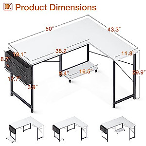 ODK L Shaped Desk with Storage Bag - 50 Inch Home Office Desk with Host Stand, White Reversible Computer Corner Desk for Bedroom Studio, Modern PC Gaming Desk for Study Writing