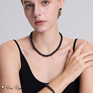 Pearl Romance ROUND Black Strand Pearl Necklace Bracelet Stud Earrings 3pc set 16 Inch Choker Length Genuine Cultured Freshwater Large 9mm 10mm