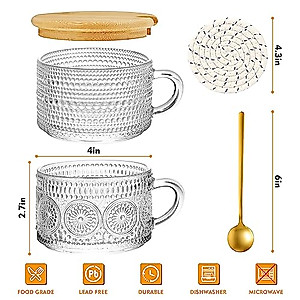 AKALOL Vintage Coffee Mugs,4pcs Set Overnight Oats Containers With Lids Coaster Spoons - 14oz Clear Embossed Glass Cups,Coffee Bar Accessories,Iced Coffee Glasses,Ideal for Cappuccino,Tea, Latte