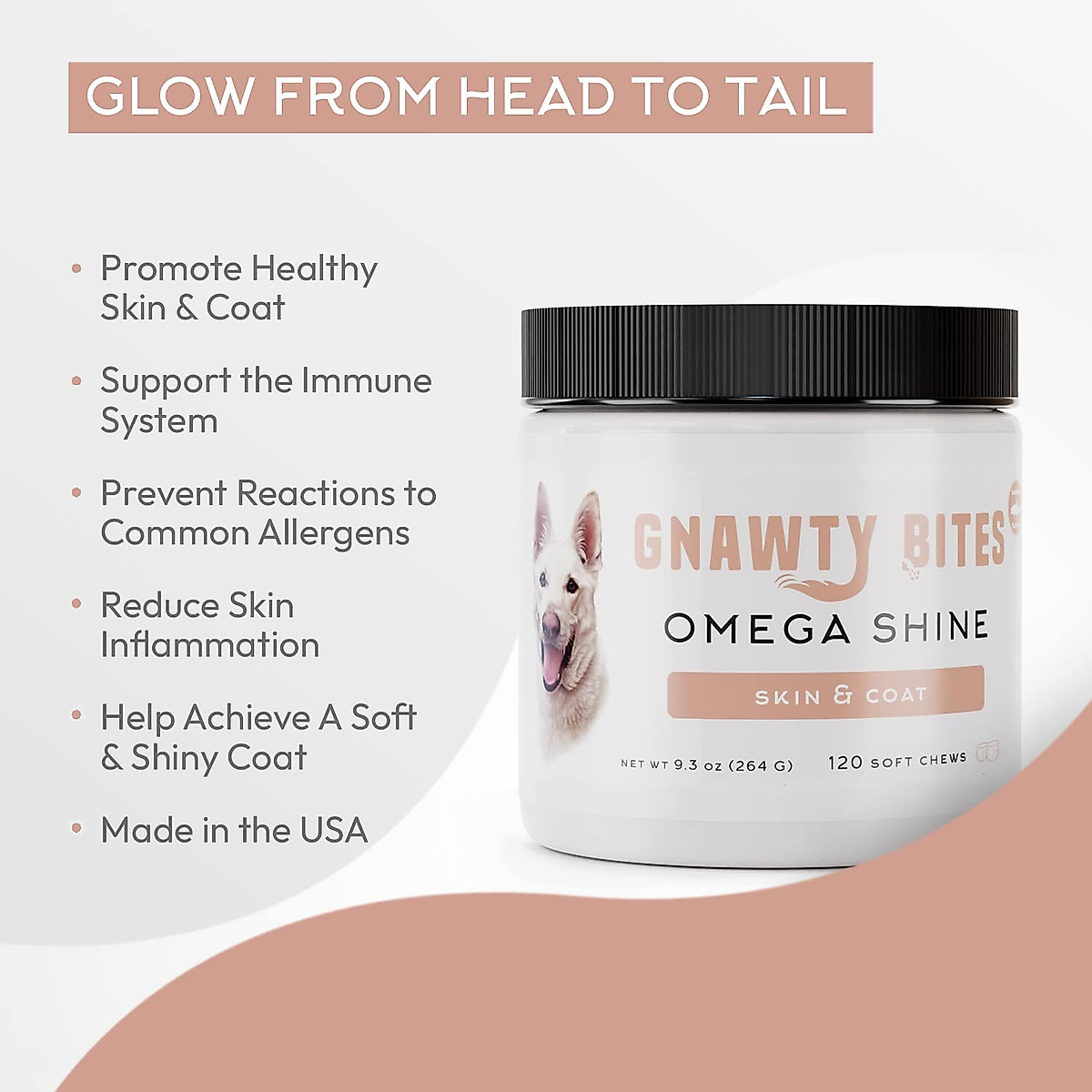 Gnawty Bites Omega Shine | Dog Skin and Coat Supplement for Healthy & Lustrous Coat with Omega 3-6-9 & Fish Oil | Dry, Irritated, & Itchy Skin Relief for Dogs, 120 Soft Chews
