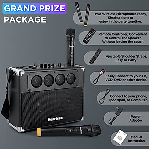 Portable PA Speaker with 2 Wireless Microphones for Adults, Bluetooth Karaoke Machine Rechargeable Battery Outdoor Party Singing, USB/SD Reader/TV/Computer/TWS, Heartsea