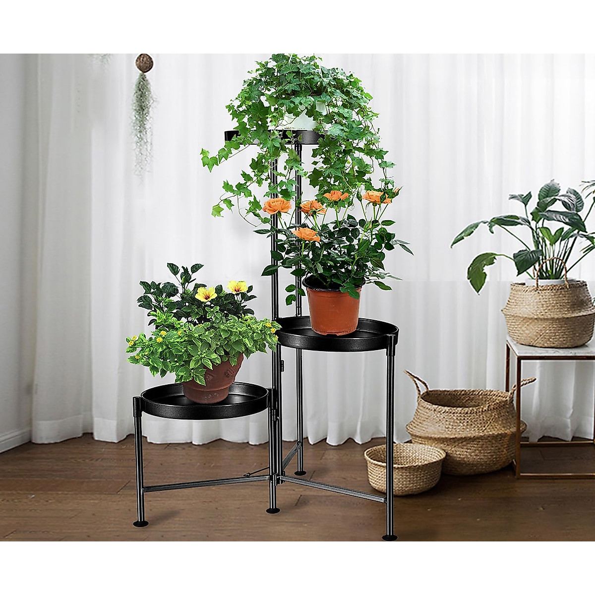 Plant Stand Indoor Outdoor 3 Tier Tall Metal Plant Rack Organizer 3 Flower Pot Holder Shelves Planter Display Storage Shelf for Home Garden Patio Bathroom Office Living Room Balcony Corner(Black)