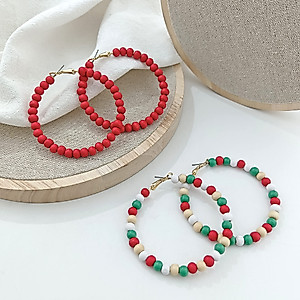 COIRIS Wooden Beaded Hoop Big Earrings Bohemian Circle Round Bead Earrings Circle Drop Dangle Earrings Jewelry For Women (ER1185-Red+Christmas)