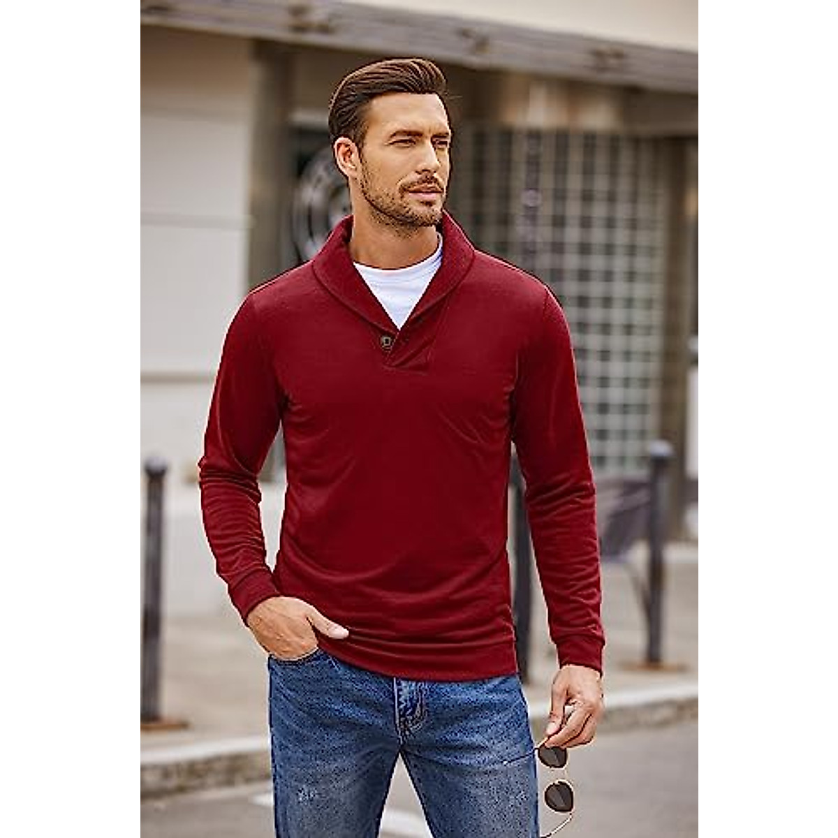 COOFANDY Men's Casual Shawl Collar Sweater Long Sleeve Pullover Wine Red L Wine Red Large