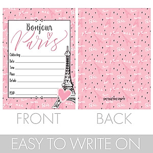 DISTINCTIVS Pink Paris Birthday Party Invitations - French Parisian Party Theme - 10 Cards with Envelopes