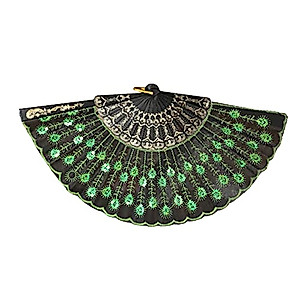 RAZZUM 2 Pcs Handmade Sequins Peacock Dancing Fans Foldable Fan Sequin Fan Hand Fans for Women Peacock Fan Folding Fan Spanish Hand Fan Flower Folding Fan Summer Handheld Fan Silk Fan Fan