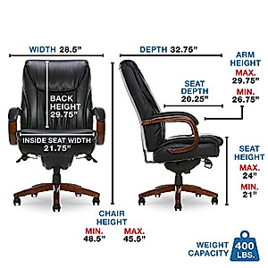 La-Z-Boy Edmonton Big and Tall Executive Office Chair with Comfort Core Cushions, Solid Wood Arms and Base, Waterfall Seat Edge, Bonded Leather, Big & Tall, Black