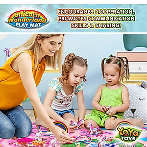 YoYa Toys Unicorn Playmat - Pretend Play Set for Kids - 8 PCS Unicorns and Rainbows Figures - Educational Imaginative Activity Rug Toy - Floor Mat Playset Gift for Girls 3 4 5 6 7 8 Year Old Toddlers