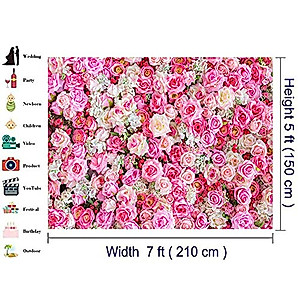 Pink Red Rose Flowers Theme Photography Backdrops 7x5ft Baby Shower Wedding Happy Birthday Day Photo Background Dessert Cake Table Decoration Supplies Studio Props Banner Vinyl