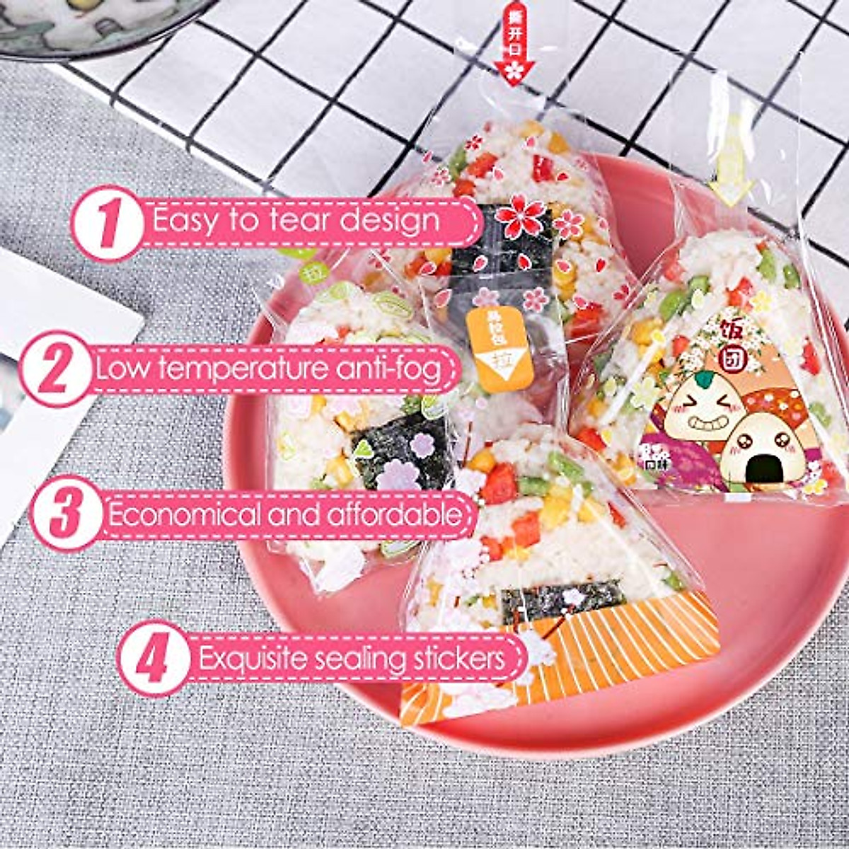Onigiri Mold, Cute food bag Fashionable sushi bag rice ball packing bag Anti-fog bag Easy tear Sushi packaging bag 100pcs Send stickers 2 triangle molds