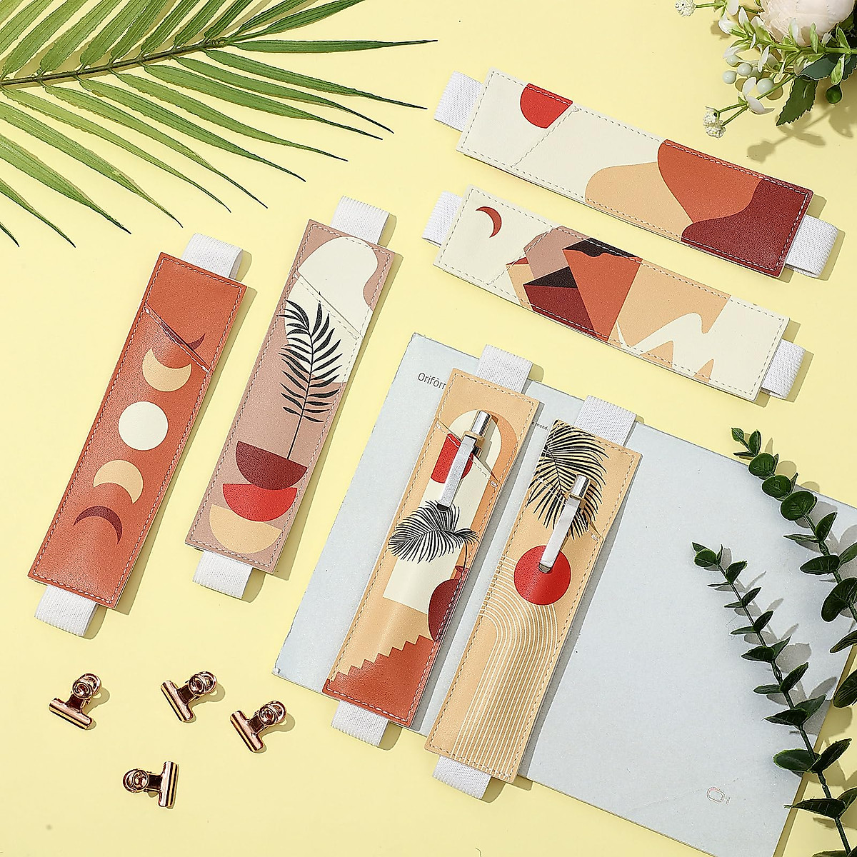 Qilery 6 Pcs Elastic Band Pen Holder for Notebook Boho Cactus Leaves Minimalist PU Leather Pen Sleeve Pouch Adjustable Pen Case for Hardcover Journals Planners Back to School Gift (Boho)
