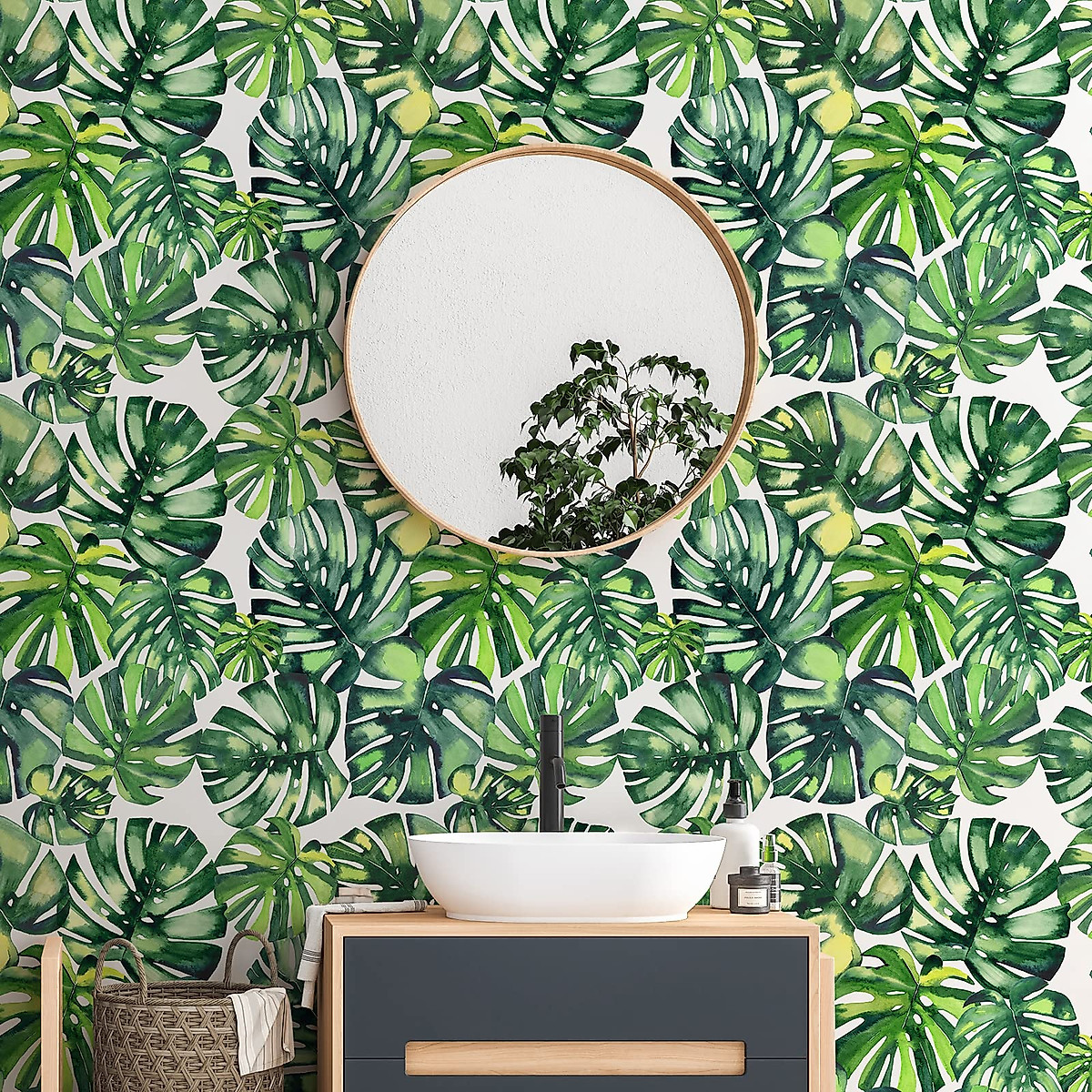 CHIHUT Green Leaf Peel and Stick Wallpaper 17.7''x236'' Green Tropical Botanical Palm Leaf Wallpaper Mural Self Adhesive Removable Wall Paper Vinyl Leaves Contact Paper for Wall Cabinets Nursery Decor