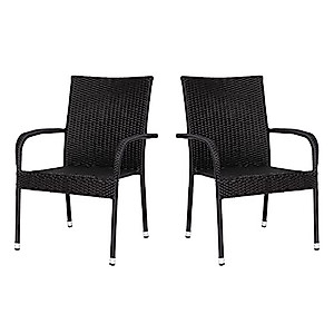 Flash Furniture Maxim Indoor/Outdoor Wicker Dining Chairs with Fade & Weather-Resistant Steel Frames for Patio and Deck, Set of 2, Black