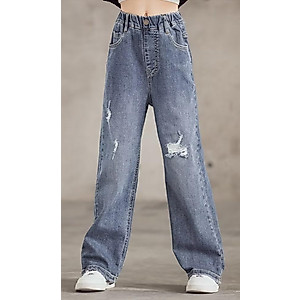 Sitmptol Teen Girl's High Waisted Straight Leg Ripped Jeans Washed Denim Pants with Pockets Wide Leg Blue Ripped 160 11-12 Years