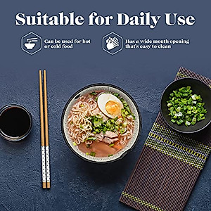 American Atelier Ramen Bowl with Chopsticks | Set of 2 | Soup Bowls for Kitchen | Udon Noodle Bowl with Chopsticks | Stoneware Rice Bowl | 6" Diameter (21 Oz) - Embossed Black Design