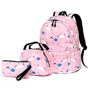 Junlion Dream Unicorn School Bag Kids 3-in-1 Bookbag Set, Laptop Backpack Lunch Bag Pencil Case Gift for Teen Girls Womens (Pink)