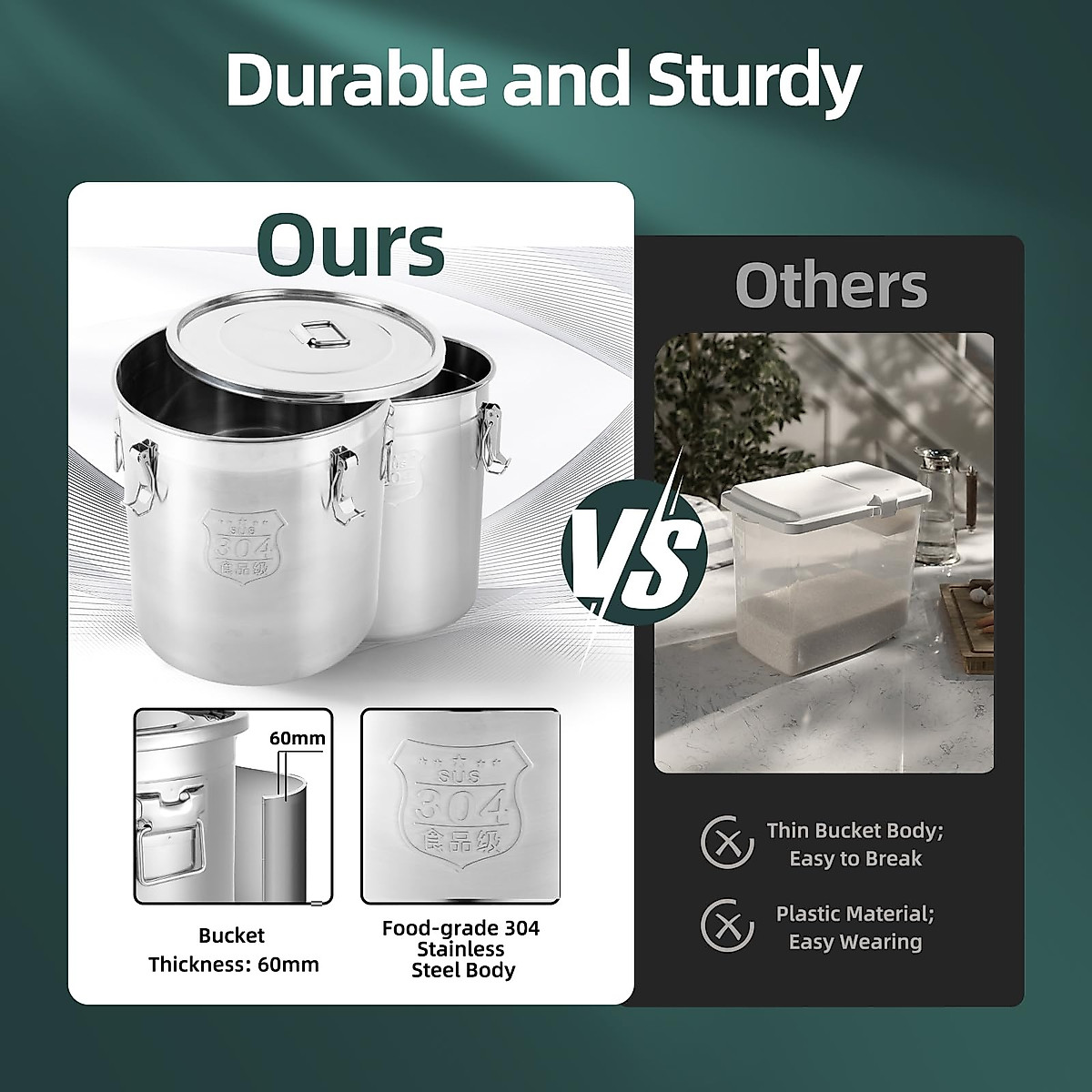 LyeXD 48L Stainless Steel Airtight Canister, Food Storage Containers with Lids Airtight Rice Cereal Grain Container Storage Box, Kitchen Canisters Metal Food Canisters Container for Rice, Grains, Oil