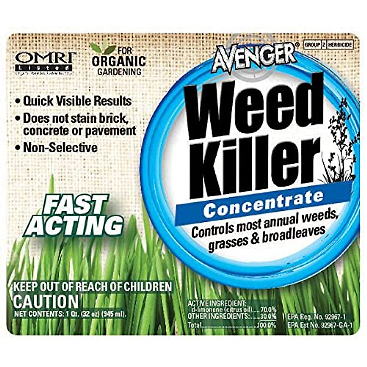 Avenger Organics, Avenger Weed Killer Concentrate, for Organic Gardening, 32 oz