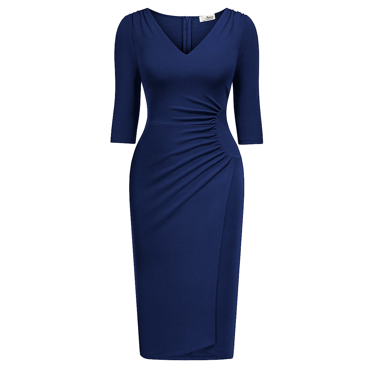 AISIZE Women's Classic V Neck 3/4 Sleeve Work Business Dress Navy Blue