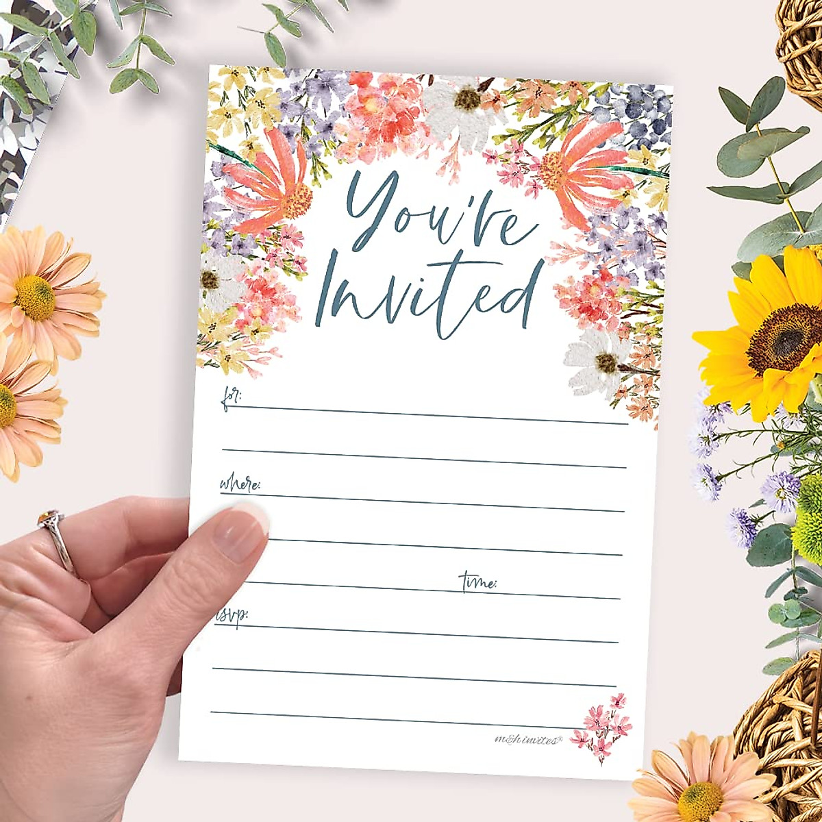 Wildflower Invitations With Envelopes (20 Count) - Floral Boho Garden Theme For Bridal Shower, 1st Birthday, Adult Birthday, Brunch or Baby Shower