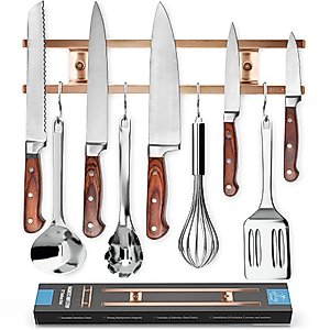 Zulay (12 Inch) Stainless Steel Magnetic Knife Holder For Wall - Powerful Knife Magnetic Strip With Extra Hanging Hooks - Wall Mount Magnetic Knife Strip & Organizer For Kitchen & Tools (Copper)