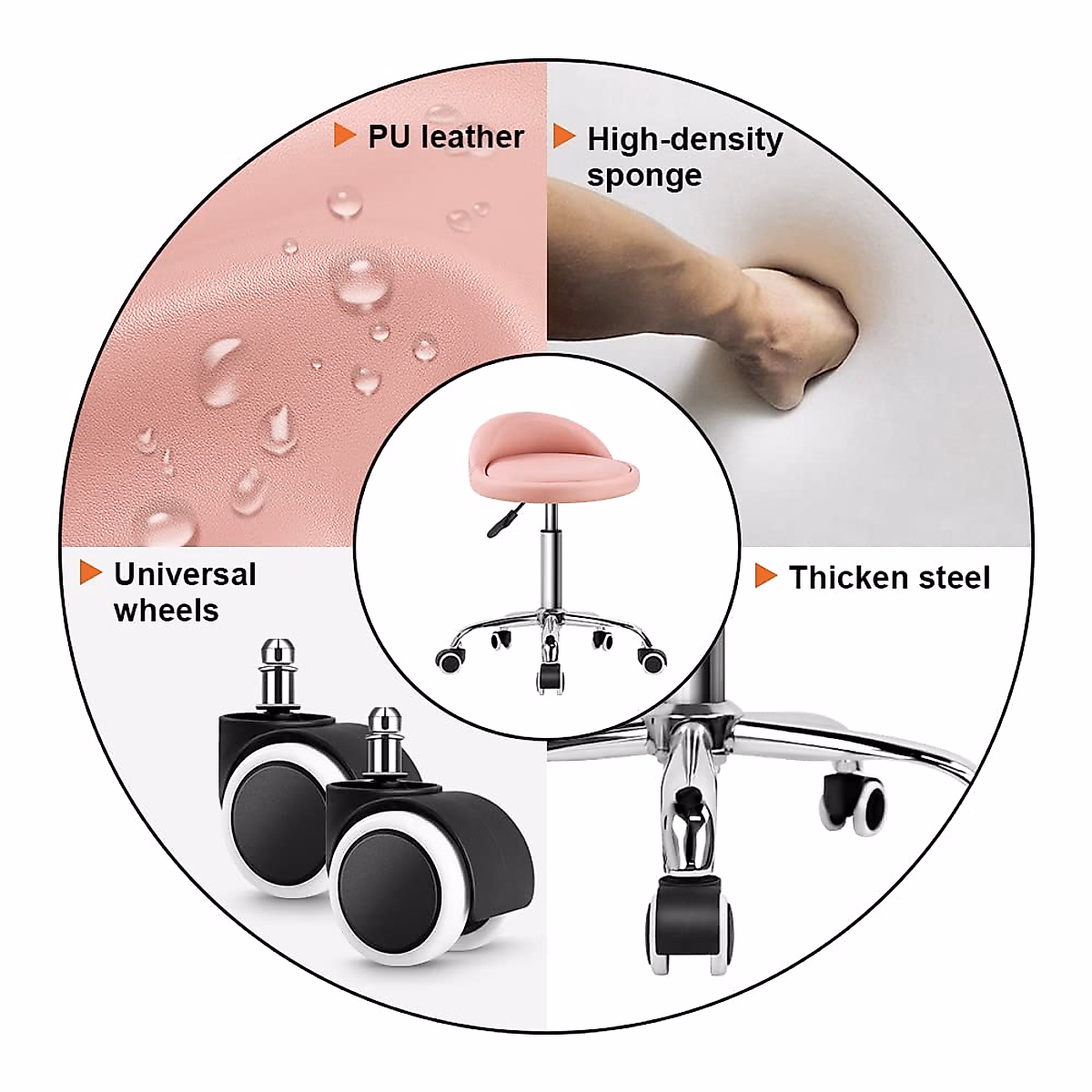 KKTONER PU Leather Round Rolling Stool with Back Rest Height Adjustable Swivel Drafting Work SPA Task Chair with Wheels Pink