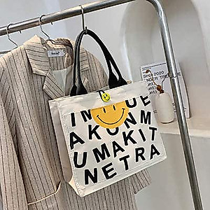 ROUGH & RAW, Tote Bag with Letter Smile Colorful Straps Shoulder Bag Canvas Single Shoulder Smile Face Bag Women`s Handbag Shopping Bags