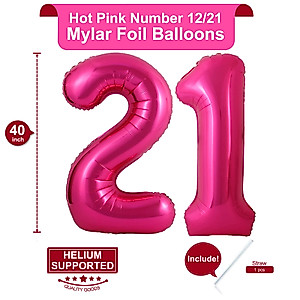 40 Inch Hot Pink 21 Number Balloons Giant Jumbo Huge 12 or 21 Foil Mylar Helium Number Balloons Dark Pink Birthday Mylar Digital Balloons 12th 21st Birthday Anniversary Events Party Decorations