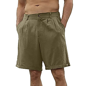Mens Shorts Elastic Waistband White Linen Pants Men 2023 Casual Buckle Zipper Summer Beach Shorts Classic-Fit Pleat Front Shorts with Pockets Men Shorts Pack Long Army Green S