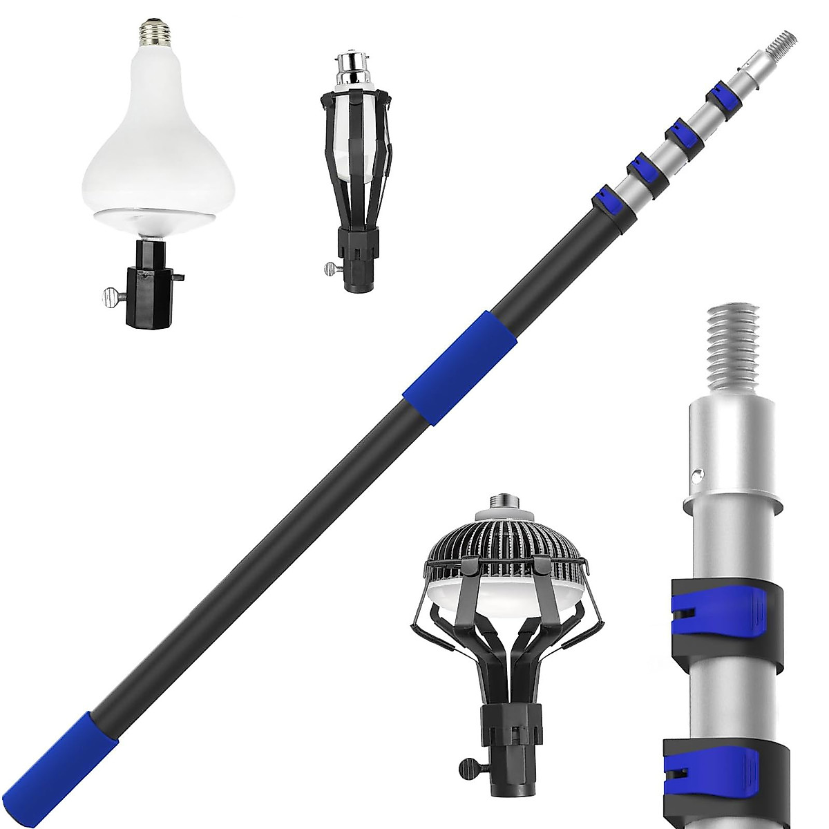 Karveden 28FT Reach Light Bulb Changer for High Ceilings with Pole, 5-20FT Light Bulb Extension Pole Changer with Baskets and Suction Cup for High Ceilings and Recessed Lights, Blue