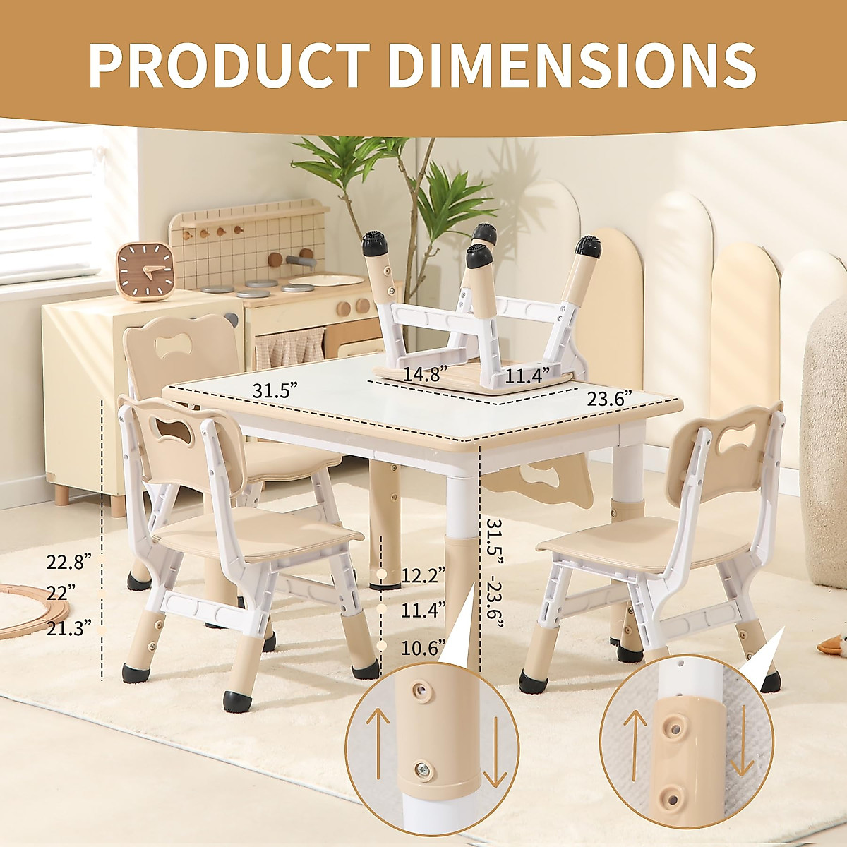 Hulaibit Toddler Table and Chairs, Kids Table and 4 Chairs Set with Graffiti Desktop, Height-Adjustable Kids Study Table for Boys and Girls Aged 3-8, Max 300lbs