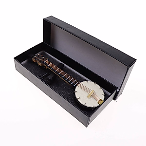 Dselvgvu Wooden Miniature Banjo with Stand and Case Mini Musical Instrument Banjo Replica Collectible Figurines Dollhouse Accessories Model Home Decoration Display Ornament (3.94"x1.31"x0.55")