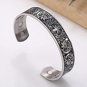cooltime Ancient Nordic Tree of Life Odin's Raven Magnetic Bracelet Cuff (silver black)