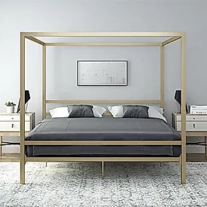 DHP Modern Metal Canopy Platform Bed with Minimalist Headboard and Four Poster Design, Underbed Storage Space, No Box Spring Needed, King, Gold