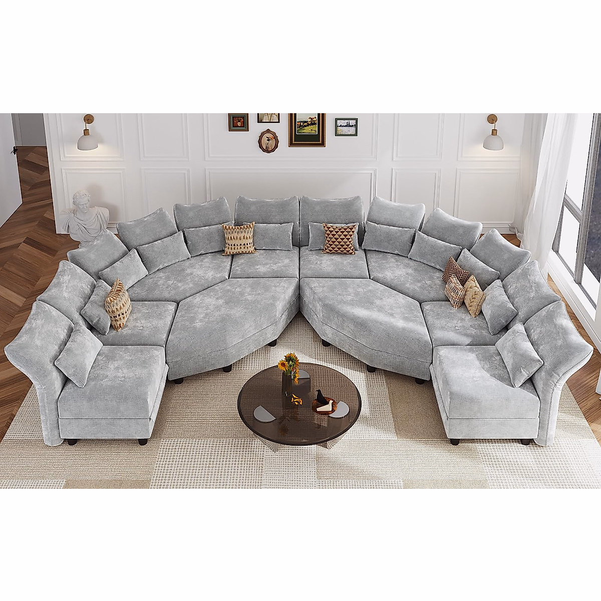 LLappuil U Shaped Oversized Sectional Sofa 167" Wide with 4 Diamond Ottomans, Chenille Modular Couches Sleeper Sofa with Storage and Adjustable Armrest for Living Room, Office, Entertainment, Grey