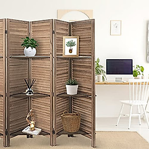 Babion 6 Panels Room Divider, Privacy Screen Room Dividers and Folding Privacy Screen, Room Dividers with 3 Display Shelves, Wood Room Divider, Partition Wall for Home Office, Brown