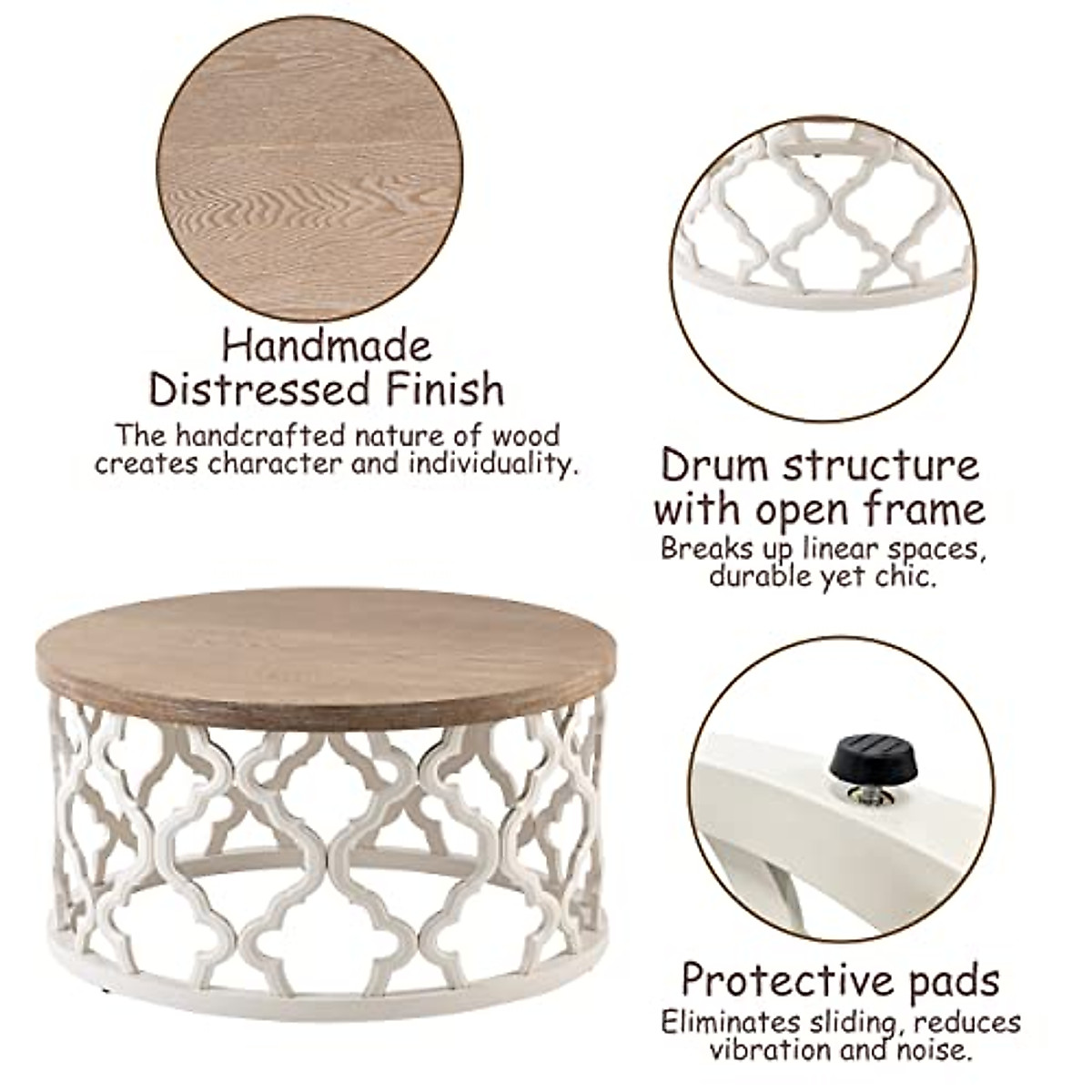 COZAYH Rustic Farmhouse Coffee Table, Distressed Wood Top Table with Curved Motif Frame Base for Boho, French Country Decor, Round, White, 30Dx30Wx16H in