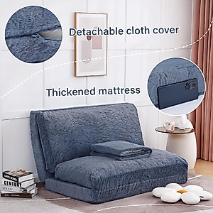 LITA Fluffy Soft Bean Bag Sofa Bed with Blanket, Folding Mattress Bean Bag Chair Foam Filling Convertible Couch Bed with Removable Cover Soft Faux Fur Wall Sofa Bed for Living Room, Dark Grey