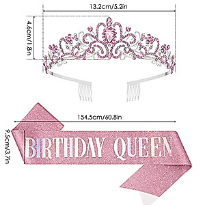 Makone Birthday Tiara for Women, Birthday Queen Crowns with Birthday Girl Sash, Crown for Girls Pink, Rhinestone Tiaras with Combs, Crystal Headband Hair Accessories Glitter Sash for Party