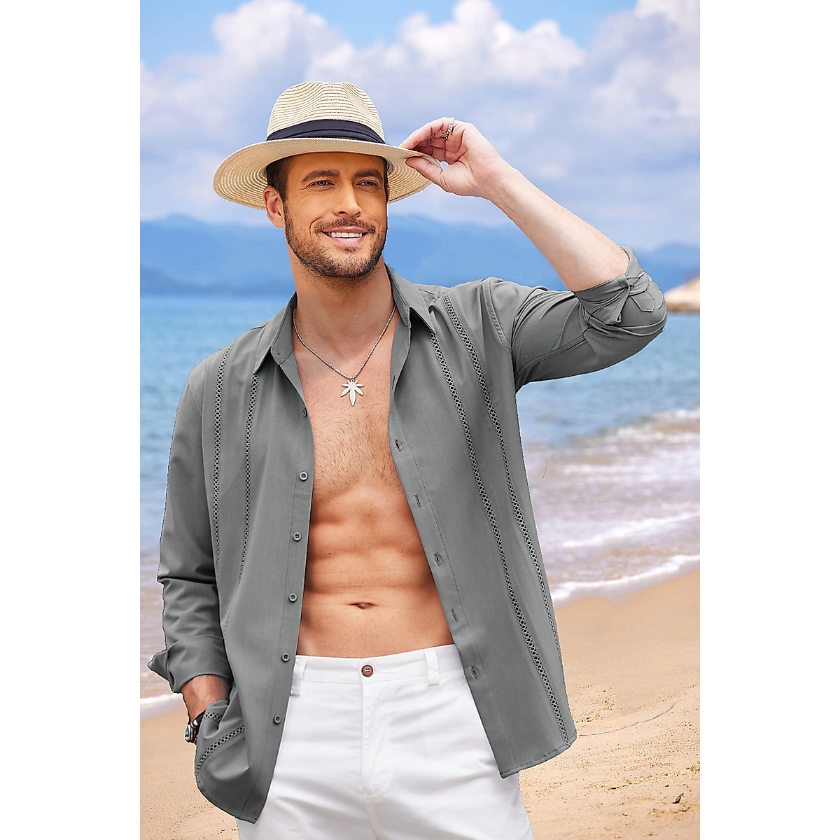 COOFANDY Men's Cuban Guayabera Shirts Casual Long Sleeve Button Down Shirt Summer Beach Tops Grey