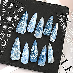 White Totem Nail Art Adhesive Sticker 3D Self-Adhesive Nail Decals Art Design Holographic Stars Moon Snake Nail Art Sticker Decoration for Women Manicure Tips Acrylic Nails DIY Nails Art Supplies
