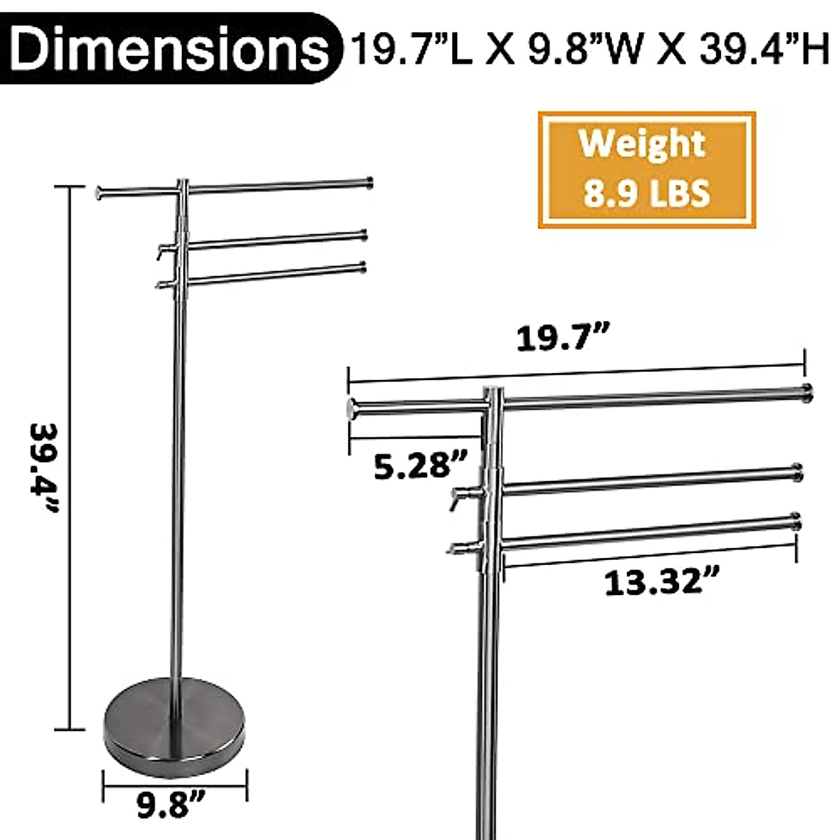Sayayo Freestanding Towel Rack for Bathroom, 39 Inch Towel Holder for Bathroom Towel Stand Floor with 3 Adjustable Towel Bar, Gunmetal 