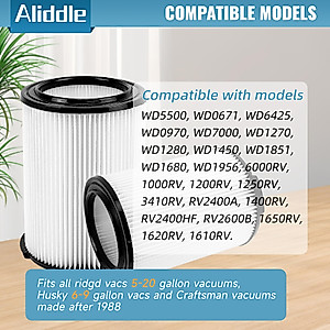 VF4000 Replacement Cartridge Filter for ridged 72947 Wet Dry Vac 5 to 20-Gallon 6-9 Gal husky Compatible with RV2400A RV2600B WD5500 WD0671，2 Pack