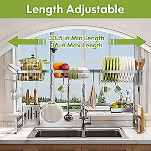 MAJALiS Dish Drying Rack Over The Sink, 304 Stainless Steel 2 Tier Dish Drainers for Kitchen Counter, Adjustable Length (33.5-36 in), Over The Shelf Kitchen Organizer, Sliver