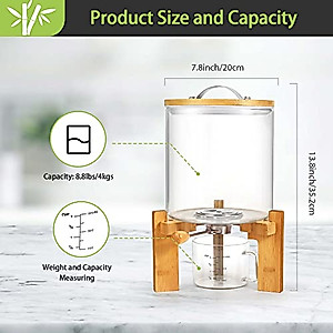 Csyidio Flour and Cereal Container, Rice Dispenser 5L, Wooden Stand and Measuring Cup, Airtight Lid Cereal Dry Food Storge Container for Kitchen Pantry Organization